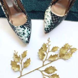 Shoes | Green Textured Snakeskin Pointed Toe Gold Heels | Poshmark